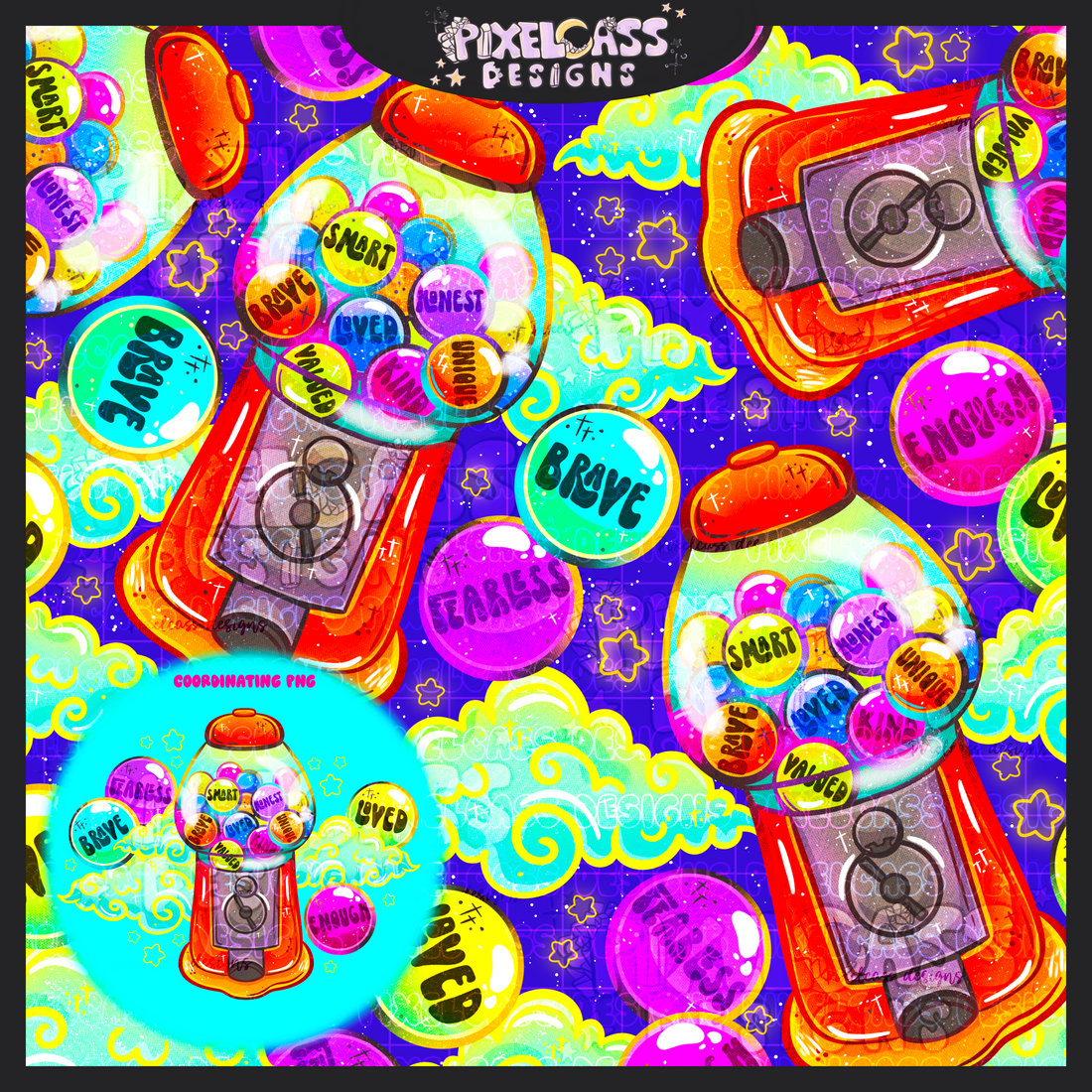 Affirmation Gumballs Neon Mystery (Seamless + PNG Bundle ...