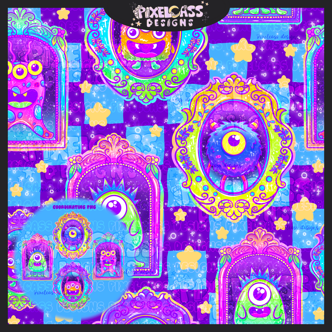 Monster Frames Neon Mystery (Seamless + PNG Bundle) – pixelcassdesigns